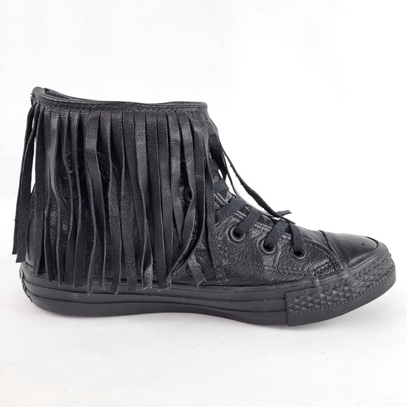 Converse | Shoes | Converse Chuck Taylor Black Leather Fringe High Top ...